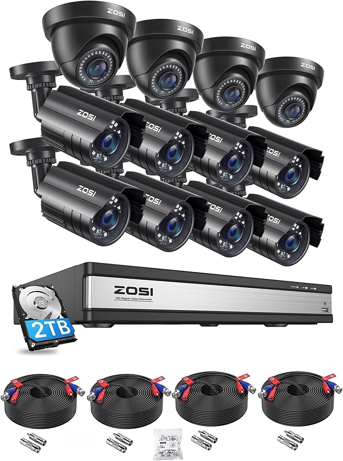 ZOSI 16CH 1080P Security Camera System with 2TB Hard Drive,H.265+ 16Channel 1080P HD-TVI DVR with 12PCS 1080P Outdoor Indoor Surveillance Cameras, and 4 Pack 100ft(30M) All-in-One Video Power Cables