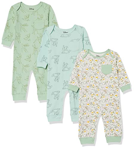 Amazon Essentials Disney | Marvel | Star Wars | Princess Baby Girls' Cotton Coveralls, Pack of 3, Bambi Nature, 18 Months