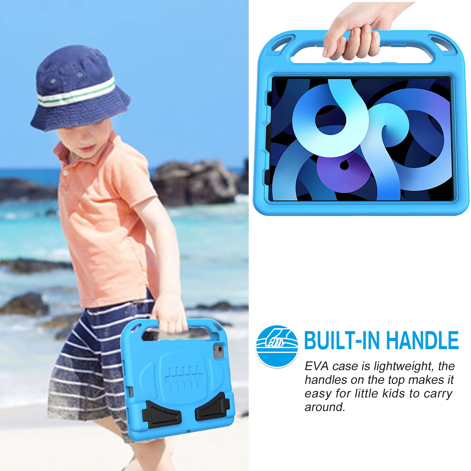 SUPNICE Kids Case for New iPad Air 5th Generation 2022, iPad Air 4th Generation 2020, iPad Air 10.9 Case with Built-in Screen Protector, EVA Shockproof Lightweight Handle Stand Kids Case, Blue