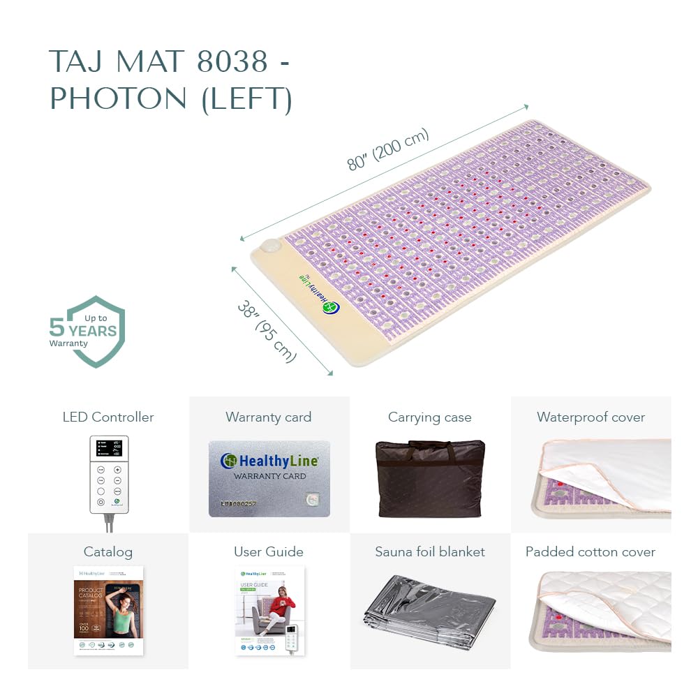 Healthyline Advanced Infrared Heating Pad - Amethyst, Tourmaline and Jade Gemstones - Photon Lights, Negative Ions and Hot Crushed Stones - TAJ Split Inframat Pro (1/2 King, Left)