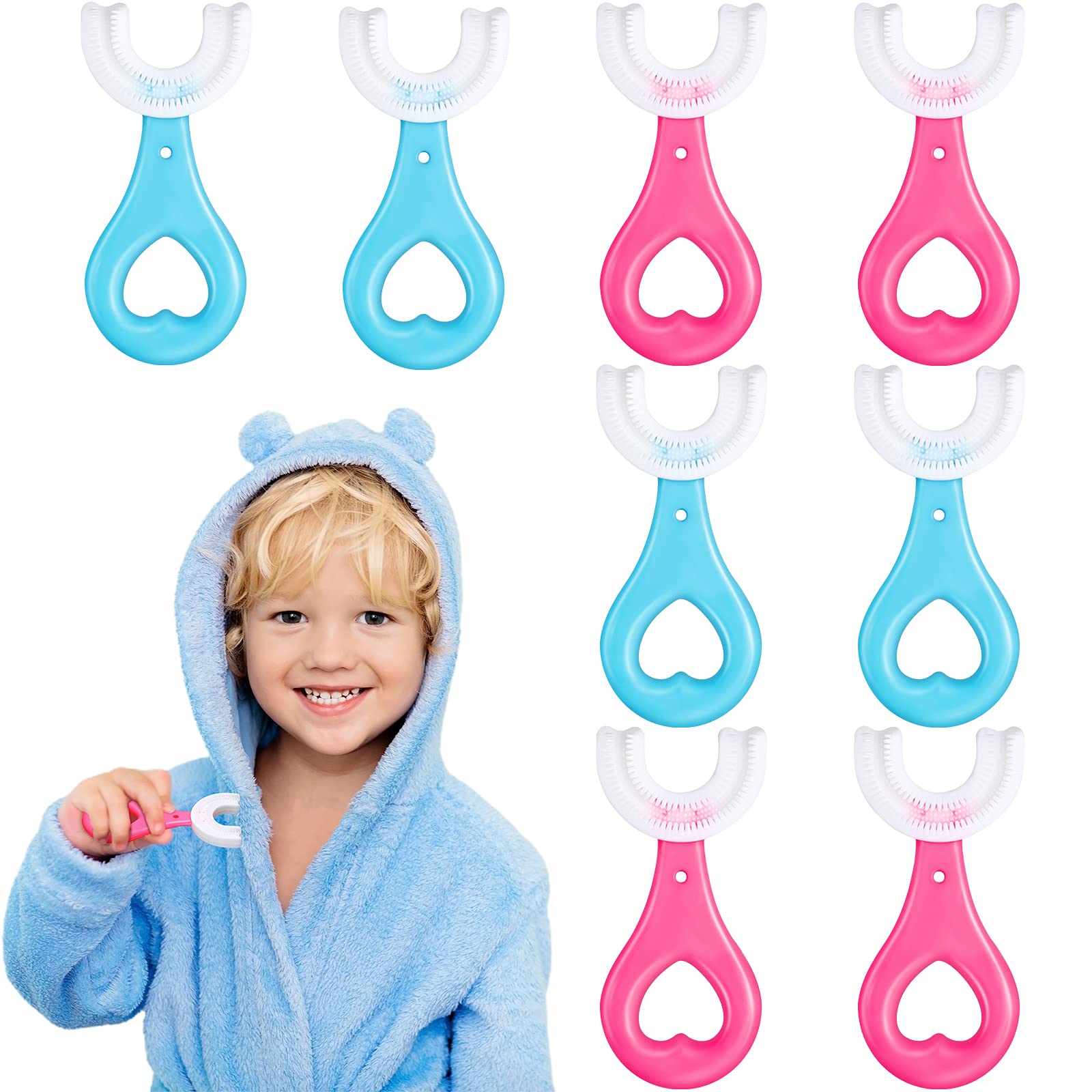 8 Pieces Kids U Shaped Toothbrush with Silicone Brush Head 360 Degrees Toothbrush Toddlers U-Type Toothbrush Whole Mouth Toothbrush Manual Children Toothbrush for Kids 1-6 Years Old, Pink and Blue