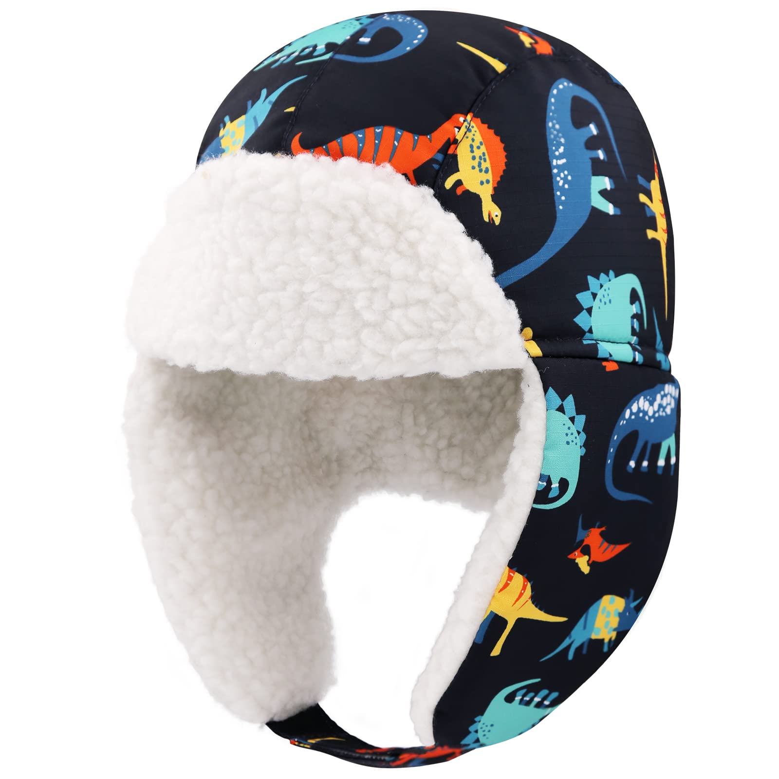 Winter Trapper Hat for Boys Girls Waterproof Warm Baby Toddler Ushanka Fleece Beanie Hats for 6M-6T (Navy Dinosaur, 2-4T)