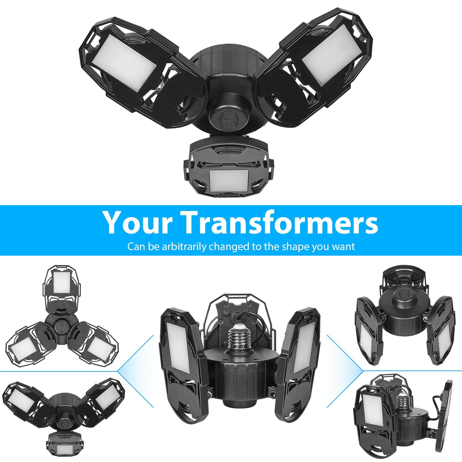 80W LED Garage Lights, Deformable Garage Light with 3 Adjustable Wings, 8000LM, E26 LED Shop Light, Barn Light, High Bay Light, Ceiling Lighting Fixture for Warehouse (No Motion Detection)