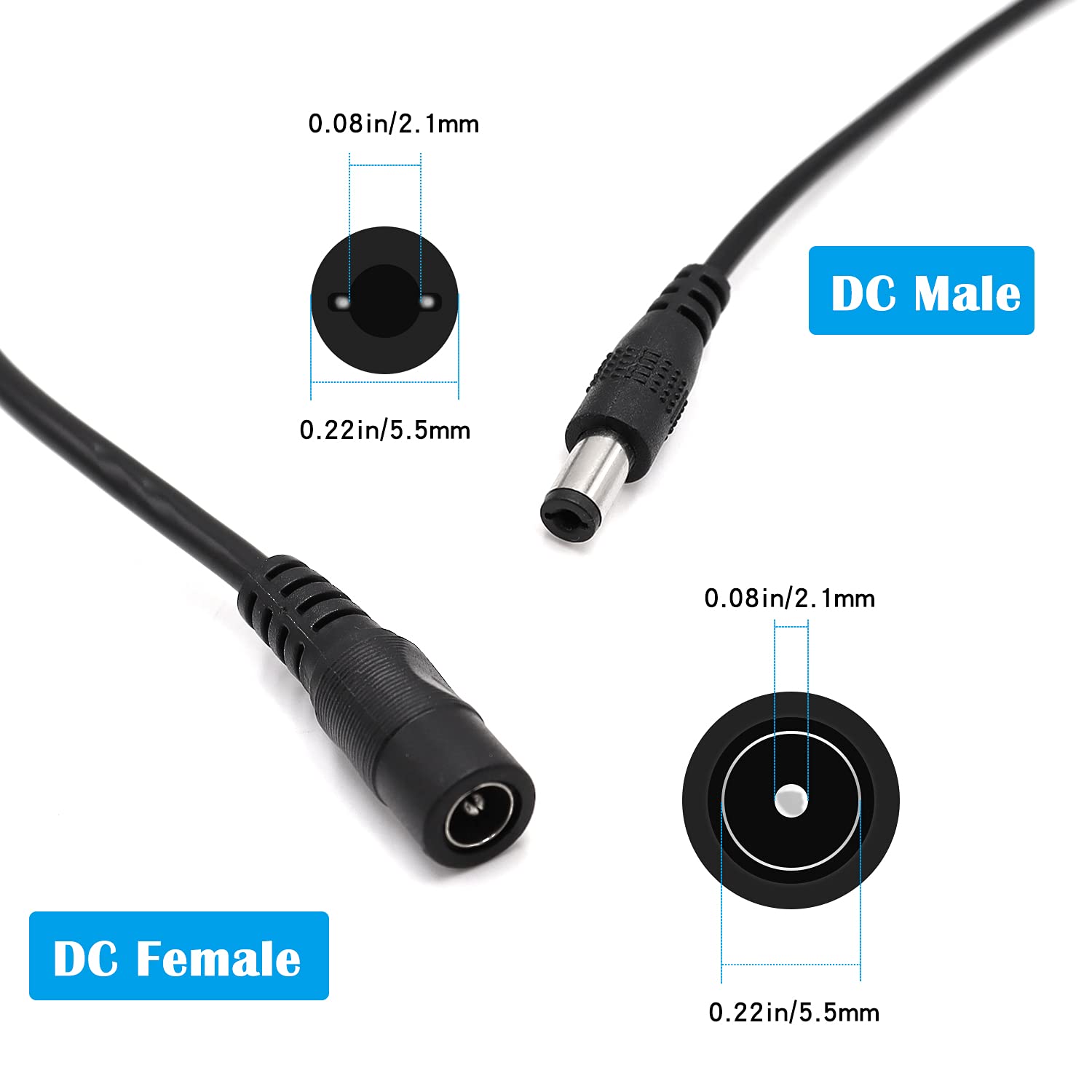 Tnuocke 2PCS 33FT(10m) 12V DC Extension Cable,5.5mm x 2.1mm DC Power Adapter Extension Cord Black for Printers/CCTV Security Camera/Routers