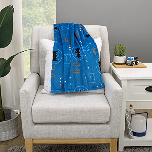 Warner Brother Batman Blue, Orange, and White with Icons, Emblems, and Triangles Super Soft Baby Blanket