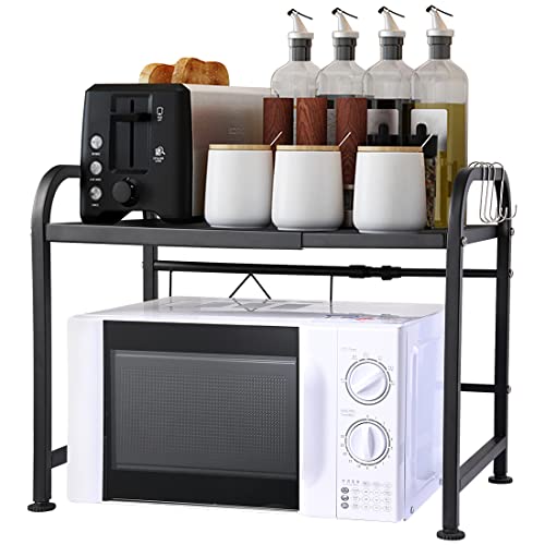 Expandable Microwave Shelf Rack Unit Kitchen Storage Stand Countertop Organizer w/ 4 Hooks 2-Tier Steel (L16.1"~26"x Depth13.58"x Height Clearance 14") for Toaster, Max Load 83lbs, Matte Black