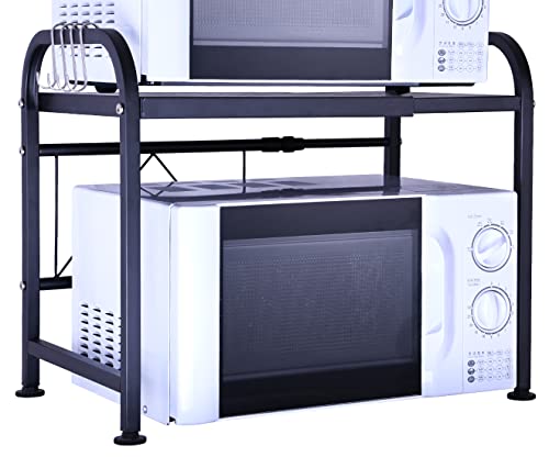 Expandable Microwave Shelf Rack Unit Kitchen Storage Stand Countertop Organizer w/ 4 Hooks 2-Tier Steel (L16.1"~26"x Depth13.58"x Height Clearance 14") for Toaster, Max Load 83lbs, Matte Black