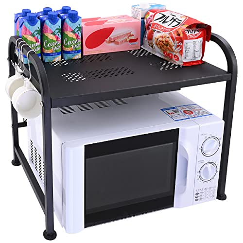 Expandable Microwave Shelf Rack Unit Kitchen Storage Stand Countertop Organizer w/ 4 Hooks 2-Tier Steel (L16.1"~26"x Depth13.58"x Height Clearance 14") for Toaster, Max Load 83lbs, Matte Black