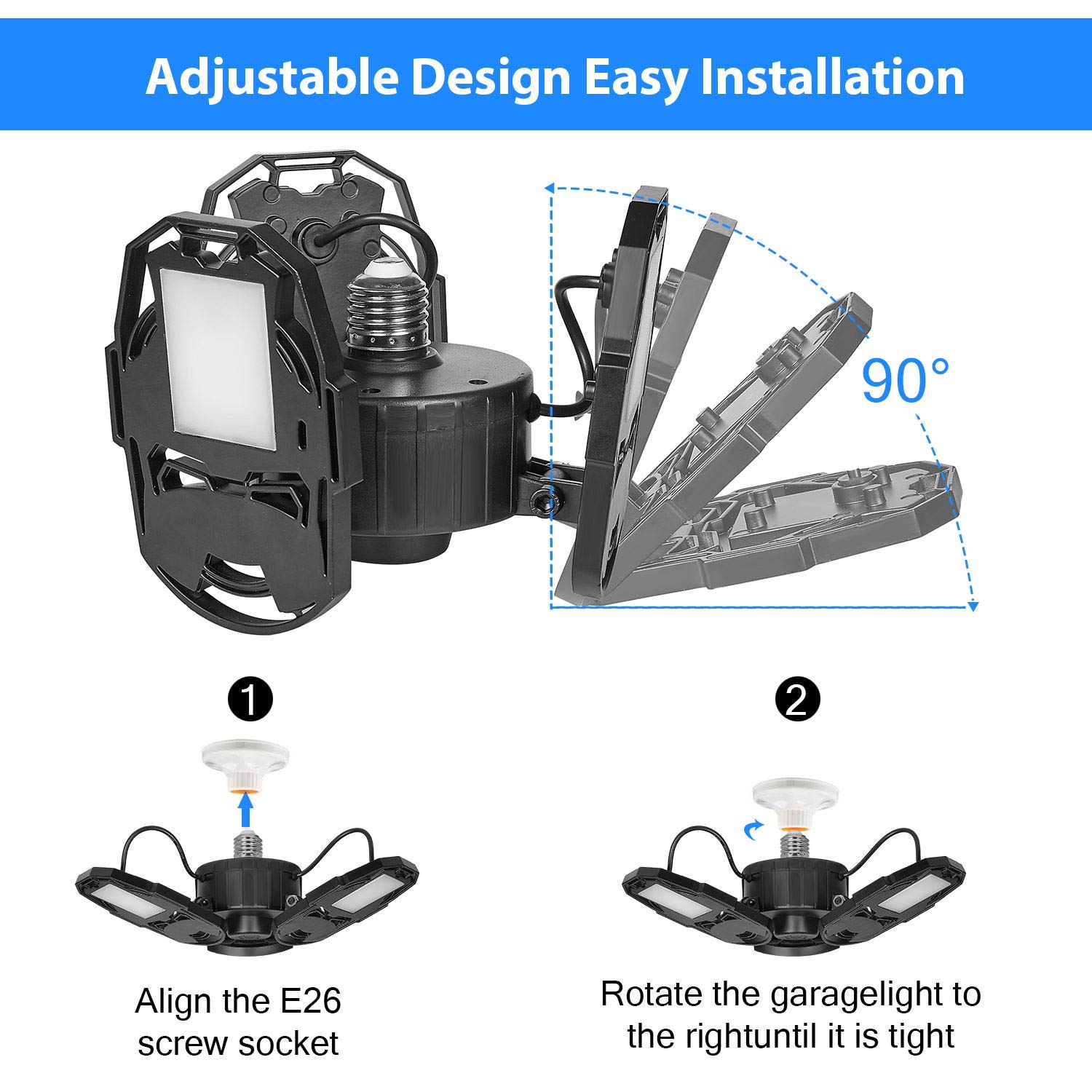 80W LED Garage Lights, Deformable Garage Light with 3 Adjustable Wings, 8000LM, E26 LED Shop Light, Barn Light, High Bay Light, Ceiling Lighting Fixture for Warehouse (No Motion Detection)