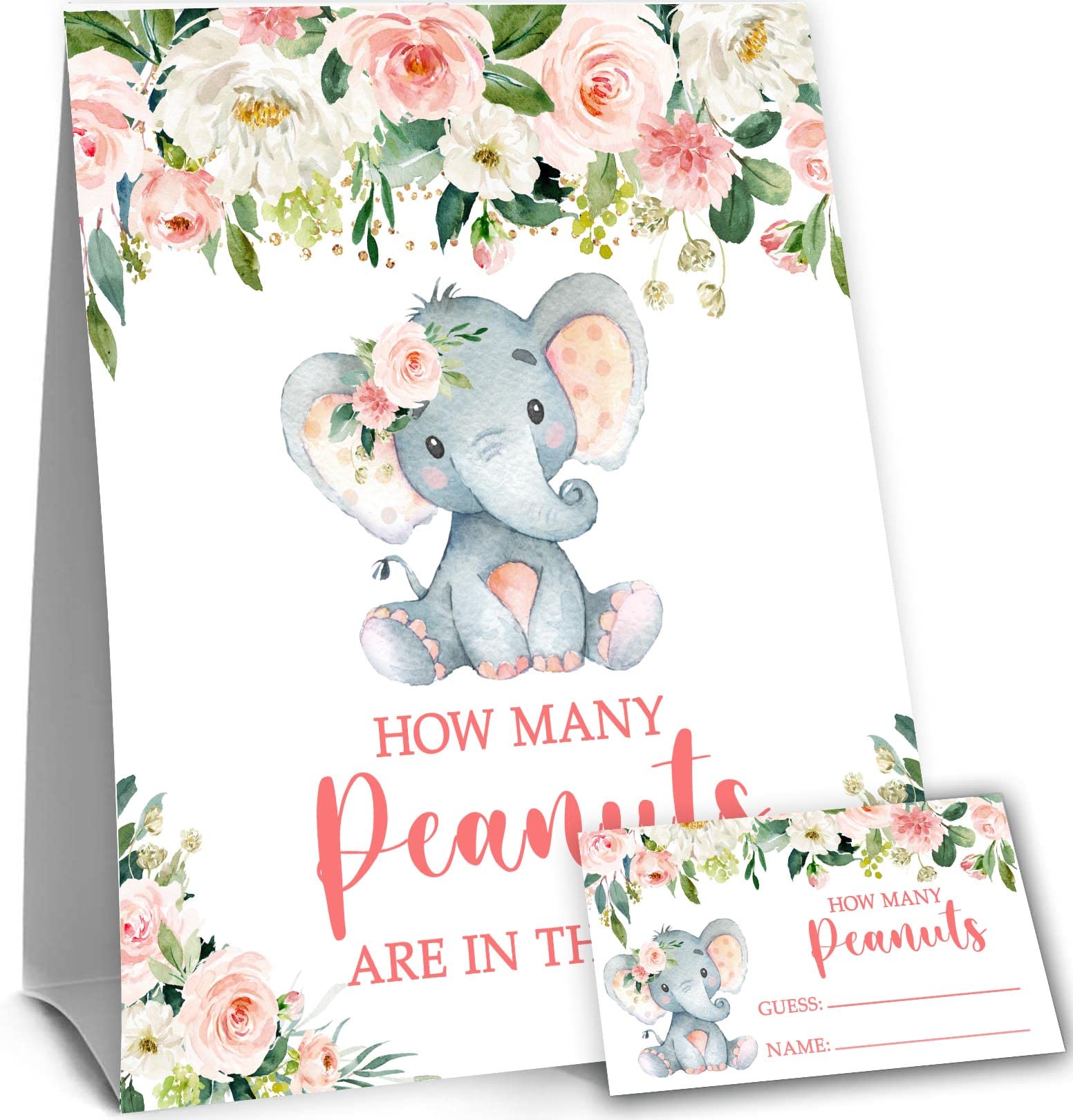 Yuzioey Pink Elephant Guess How Many Peanuts Baby Shower Game, 50 Cards and Matching Standing Sign, Girl Elephant Baby Shower Guessing Game