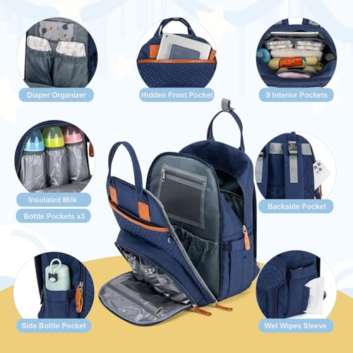 KABAQOO Baby Diaper Bag Backpack for Boys Girls, Multifunction Waterproof Travel Diaper Bag with Portable Changing Pad, Pacifier Case and Stroller Straps, Blue