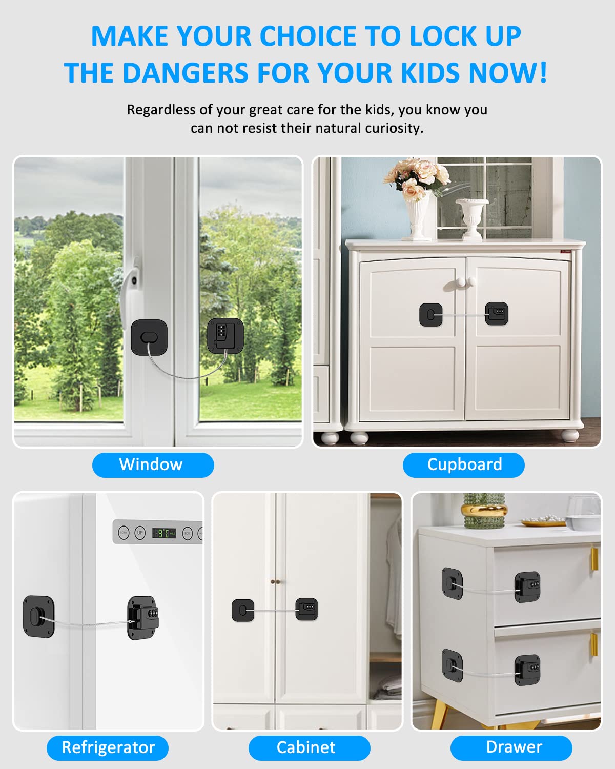 Cabinet Locks for Babies, Refrigerator Lock, 2 Pack DUOSI Fridge Lock Child Locks for Cabinets, Baby Proofing Safety Locks for Kitchen Cabinets and Drawers, Closets, Windows, Doors and More