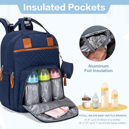 KABAQOO Baby Diaper Bag Backpack for Boys Girls, Multifunction Waterproof Travel Diaper Bag with Portable Changing Pad, Pacifier Case and Stroller Straps, Blue