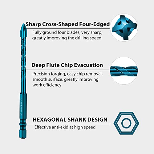 2 Pcs 1/2inch (12mm) Extra Long Hex Shank Concrete Masonry Drill Bit Set 4 Cutting Edges Cross Spear Head Carbide Drill Bit for Ceramic Tile Glass Plastic and Wood