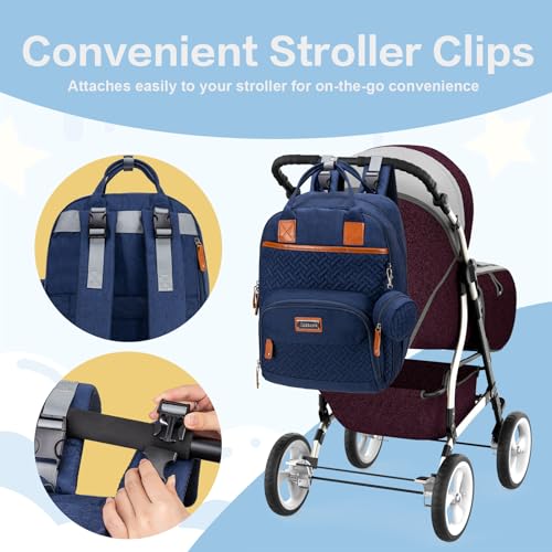 KABAQOO Baby Diaper Bag Backpack for Boys Girls, Multifunction Waterproof Travel Diaper Bag with Portable Changing Pad, Pacifier Case and Stroller Straps, Blue