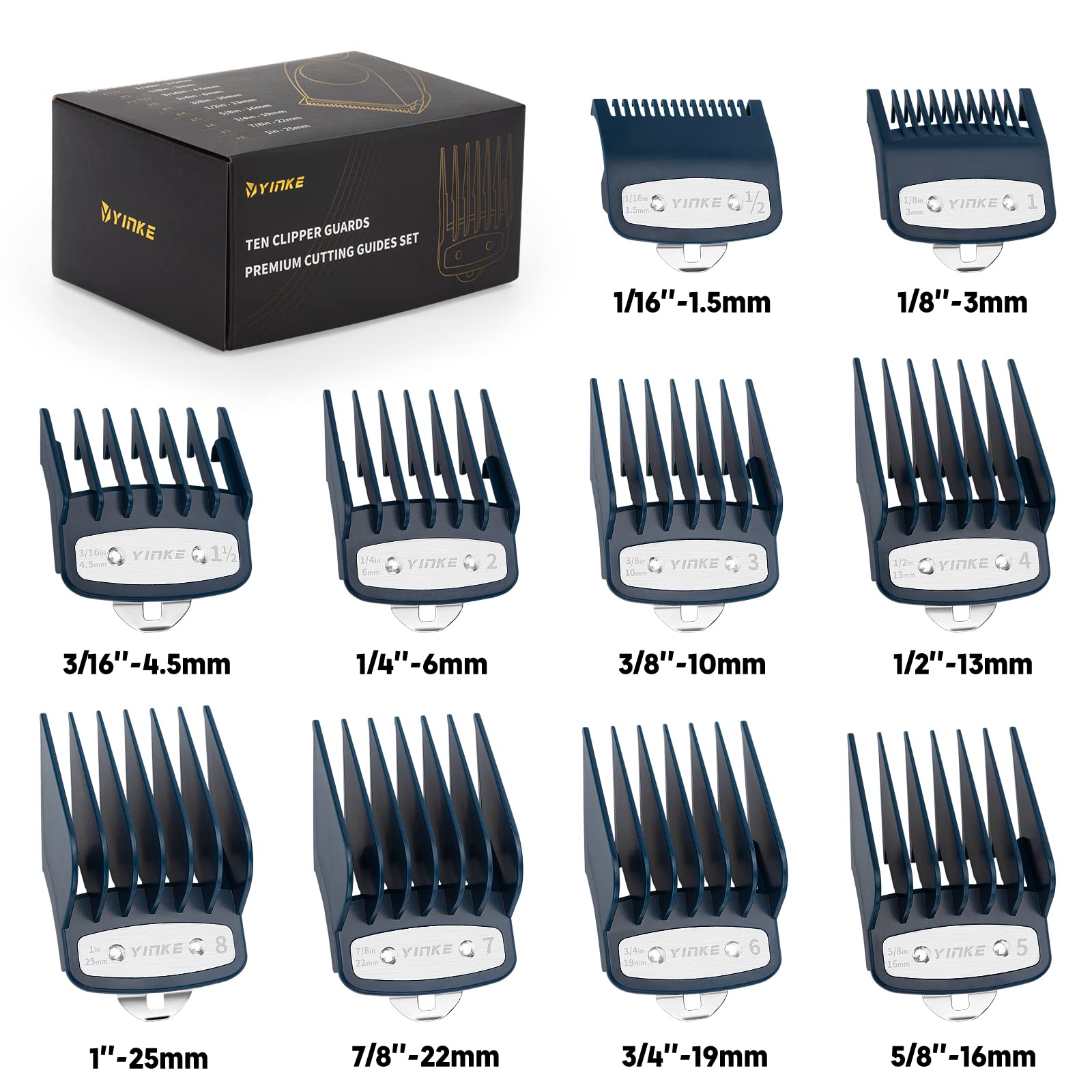 Yinke Clipper Guards Premium Cutting Guides for Wahl with Metal Clip #3171-500 - 1/8” to 1”- Fits Most Full Size Wahl Clippers (Blue)