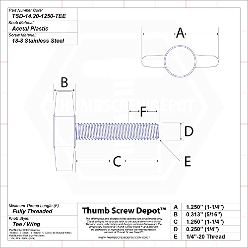1/4"-20 x 1-1/4" Thumb Screw Stainless Steel - Gray Tee Wing Plastic Knob - Standard/Coarse Thread Thumbscrew - Length: 1.250" - Proudly Built in USA - Package of (25)