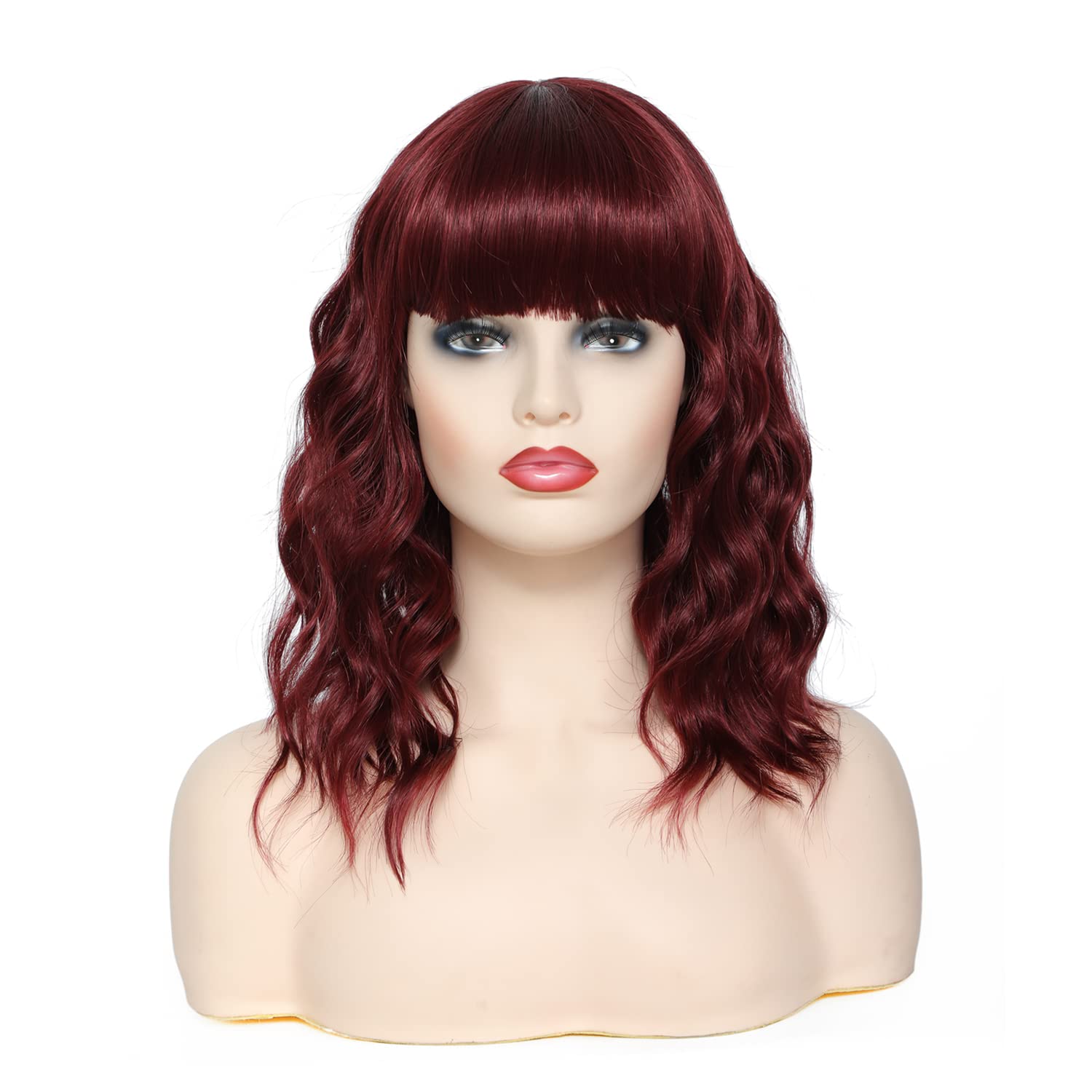 RemyAeki Red Wavy Wigs with Bangs for Women, Short Curly Bob Wigs Medium Shoulder Length, Burgundy Wine Red Synthetic Wigs Natural Looking 14 Inch