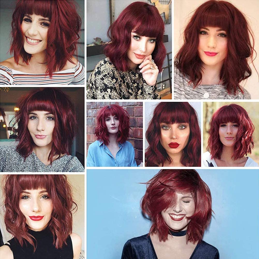 RemyAeki Red Wavy Wigs with Bangs for Women, Short Curly Bob Wigs Medium Shoulder Length, Burgundy Wine Red Synthetic Wigs Natural Looking 14 Inch