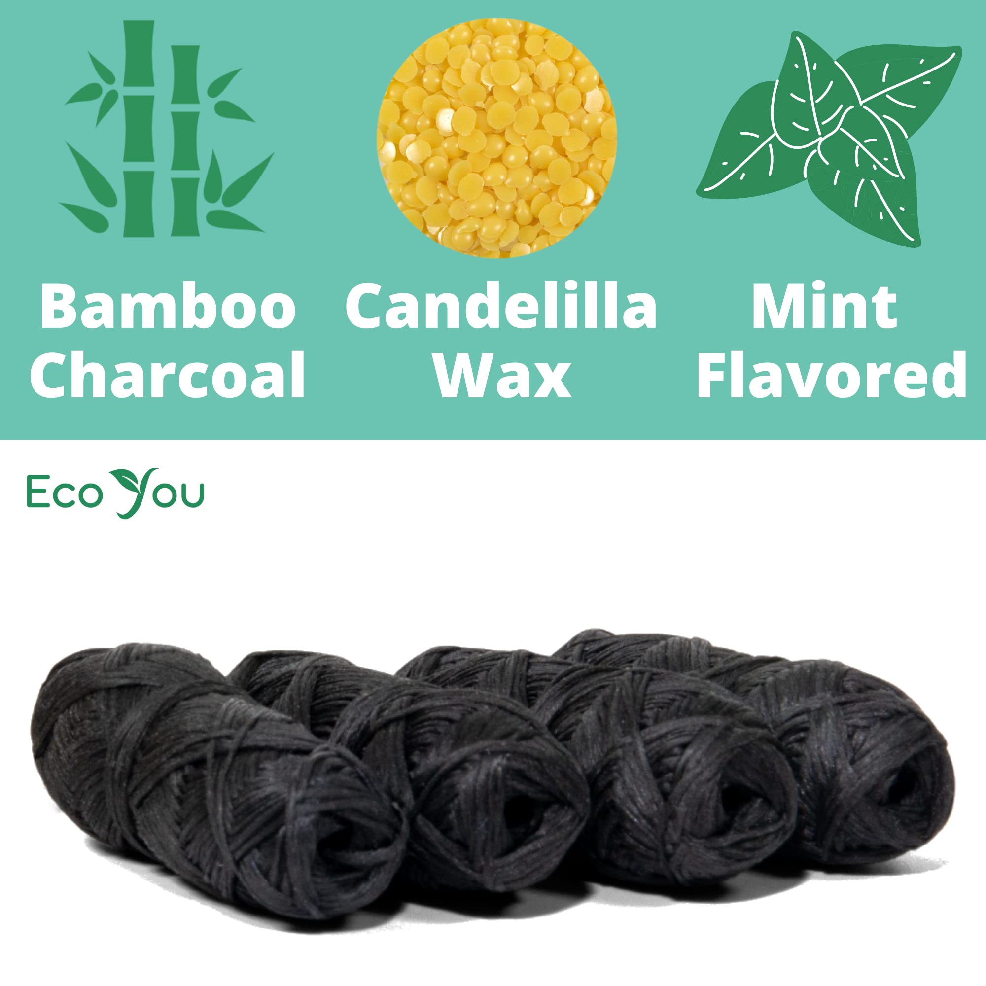 EcoYou Bamboo Charcoal Dental Floss | Mint & Candelilla Wax | Vegan & Biodegradable (4 Refills Pack)