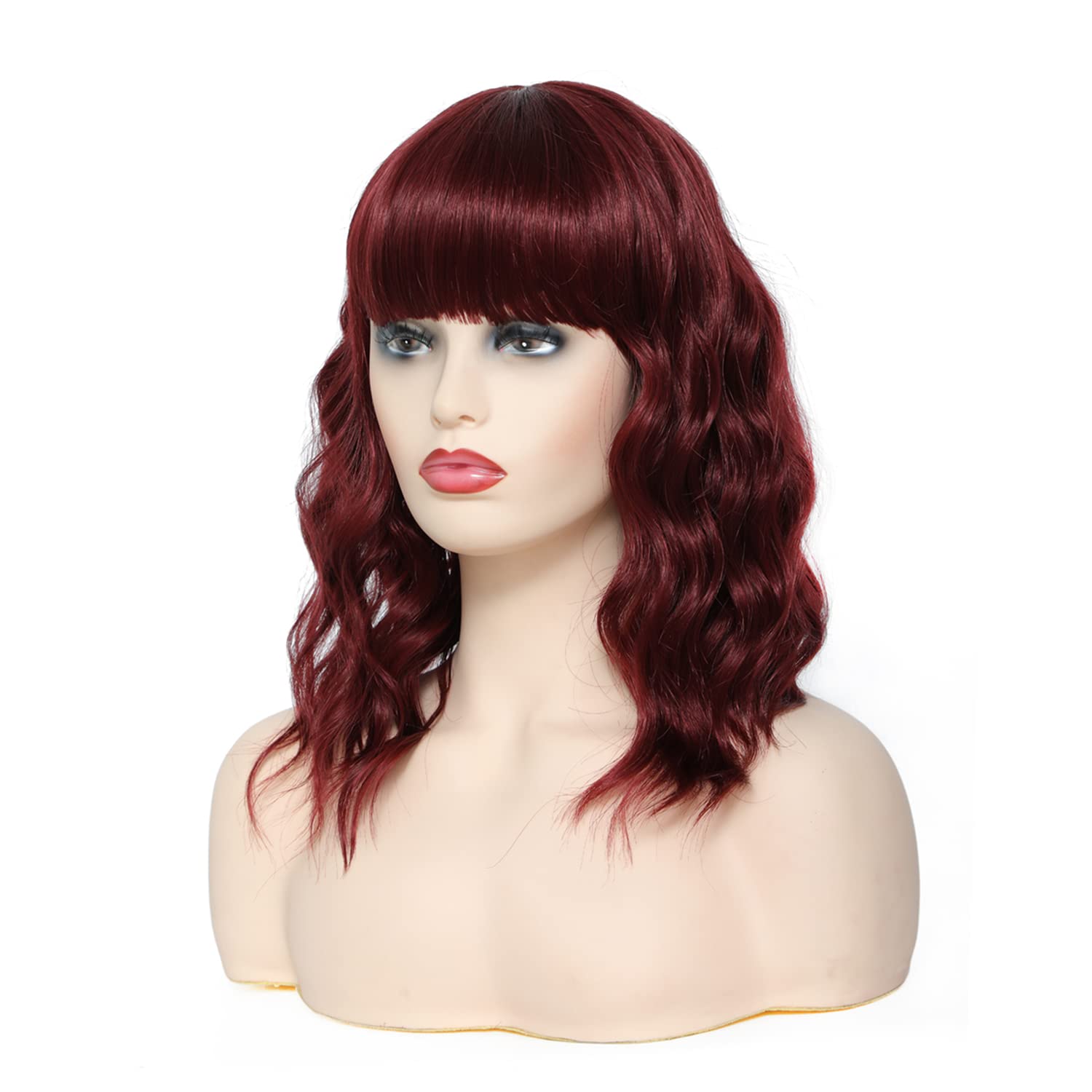 RemyAeki Red Wavy Wigs with Bangs for Women, Short Curly Bob Wigs Medium Shoulder Length, Burgundy Wine Red Synthetic Wigs Natural Looking 14 Inch