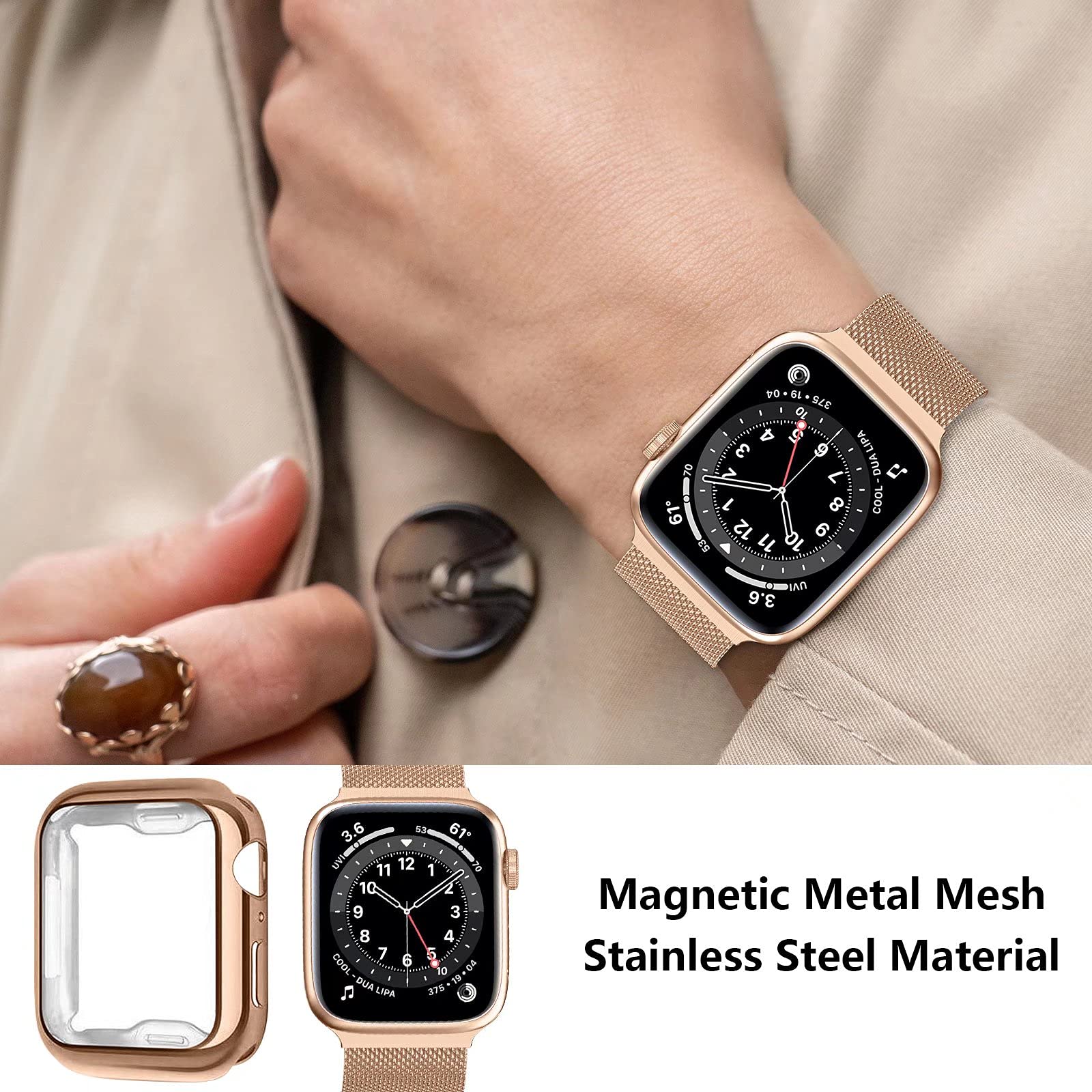 Zsuoop Metal Stainless Steel Bands Compatible with Apple Watch 38/40/41/42/44/45mm With Screen Protector Case,Magnetic Adjustable Strap for iWatch Series 9/8/7/6/5/4/SE/3/2/1 Women Men