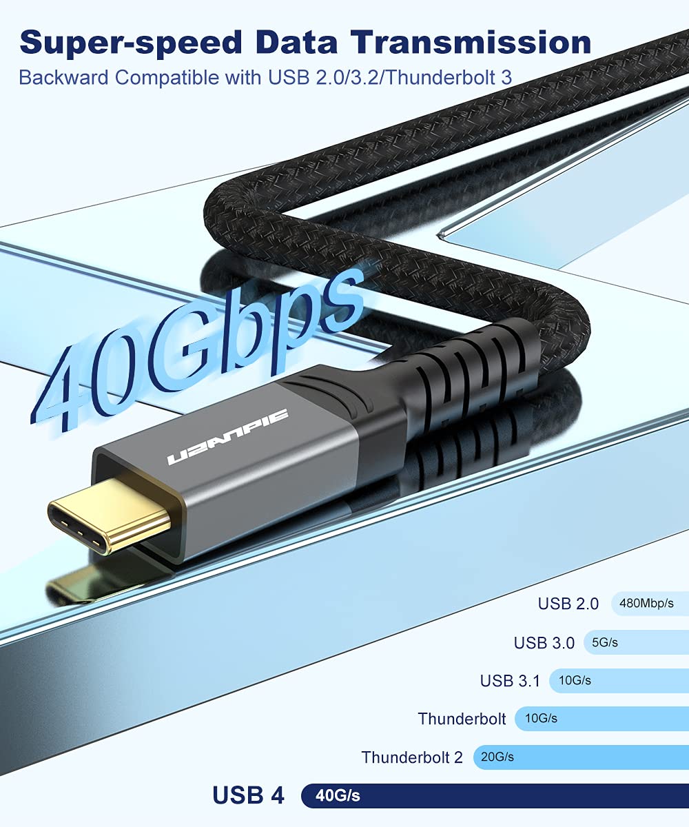 Uzanpie USB4 Cable Compatible with Thunderbolt 4/3, 40Gbps/6.6ft USB 4.0 Cable Support 100W 20V/5A Fast Charging, USB C to USB C Cable 8K@30Hz or Dual 4K@60Hz for Hub M-acbook External SSD eGpu