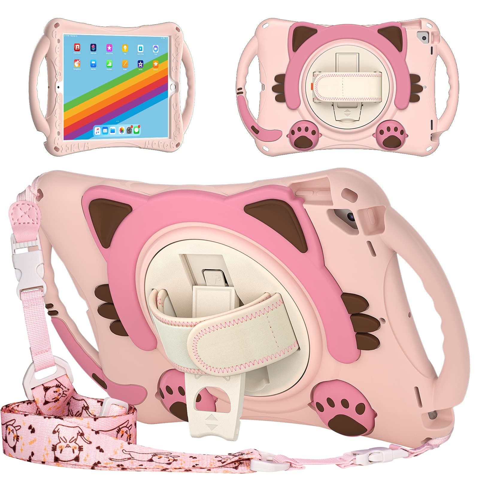 KIQ Cat Shield Case for iPad 9th Generation Case for Kids, Heavy Duty Cute ipad 10.2 case for Kids 7th 8th Gen w/Stand Shoulder Strap - Pink