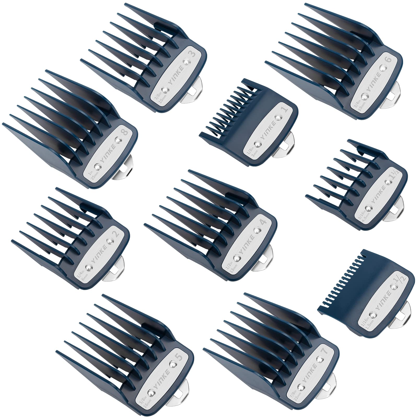 Yinke Clipper Guards Premium Cutting Guides for Wahl with Metal Clip #3171-500 - 1/8” to 1”- Fits Most Full Size Wahl Clippers (Blue)