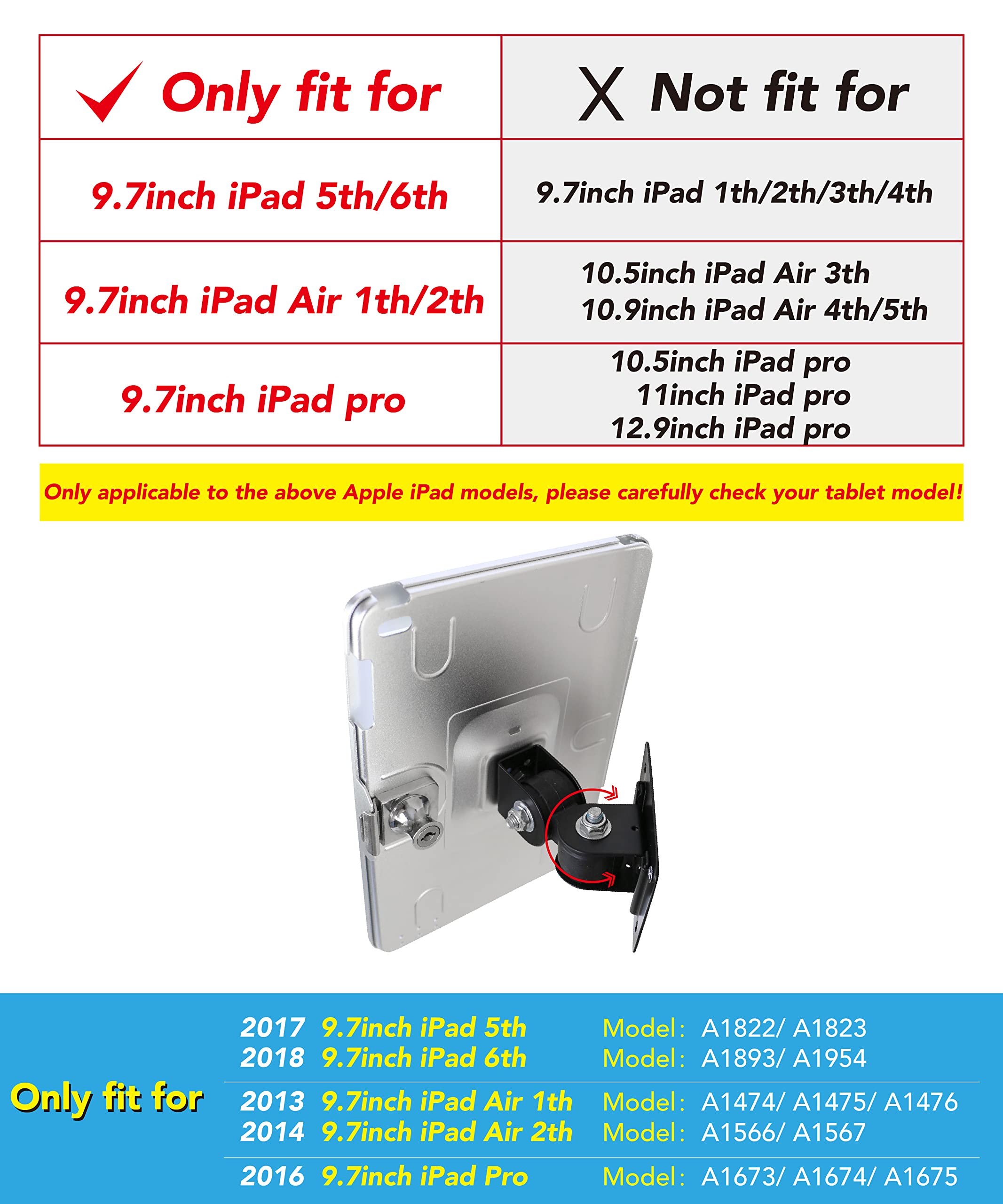 WeSTRUGGLE on Wall Mount Bracket for iPad 9.7"(6th,5th,Gen.), 9.7" Air1&2,9.7" Pro,Excluding 9.7"(1th,2th,3th,4th,Gen.),with Lock, Multi Angle,(Silver)