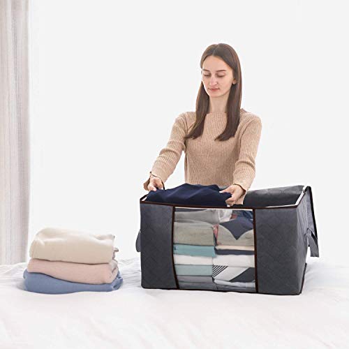 3 Pack, 90L Large Capacity Clothes Storage Bag Organizer with Reinforced Handle Thick Fabric for Comforters, Blankets, Bedding, Foldable with Sturdy Zipper, Clear Window,