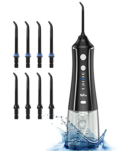 Cordless Water Flosser for Teeth, YaFex 320ML Portable Water Tooth Cleaning Pick Dental Oral Irrigator with 8 Tips, 5 Modes, Rechargeable, IPX7 Waterproof for Home Black