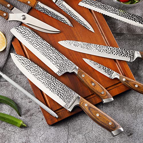 Knife Set, Karcu 15-Piece Hammer Kitchen Knife Block Sets with Sharpener German Steel, Rotating Acacia Block