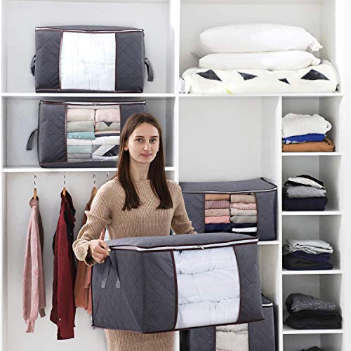 3 Pack, 90L Large Capacity Clothes Storage Bag Organizer with Reinforced Handle Thick Fabric for Comforters, Blankets, Bedding, Foldable with Sturdy Zipper, Clear Window,