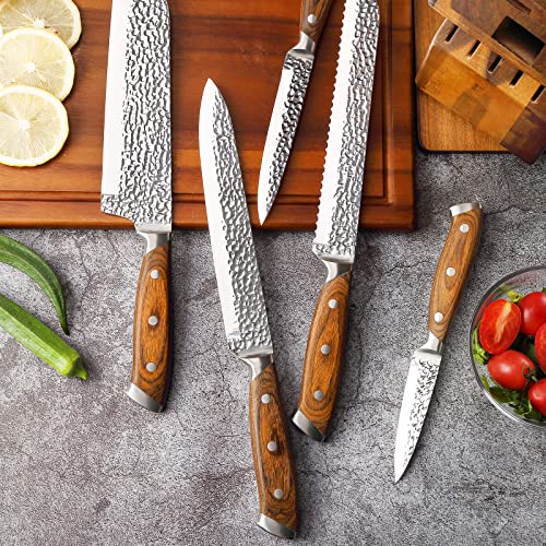 Knife Set, Karcu 15-Piece Hammer Kitchen Knife Block Sets with Sharpener German Steel, Rotating Acacia Block