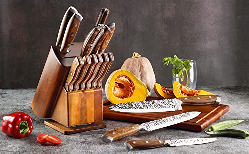 Knife Set, Karcu 15-Piece Hammer Kitchen Knife Block Sets with Sharpener German Steel, Rotating Acacia Block