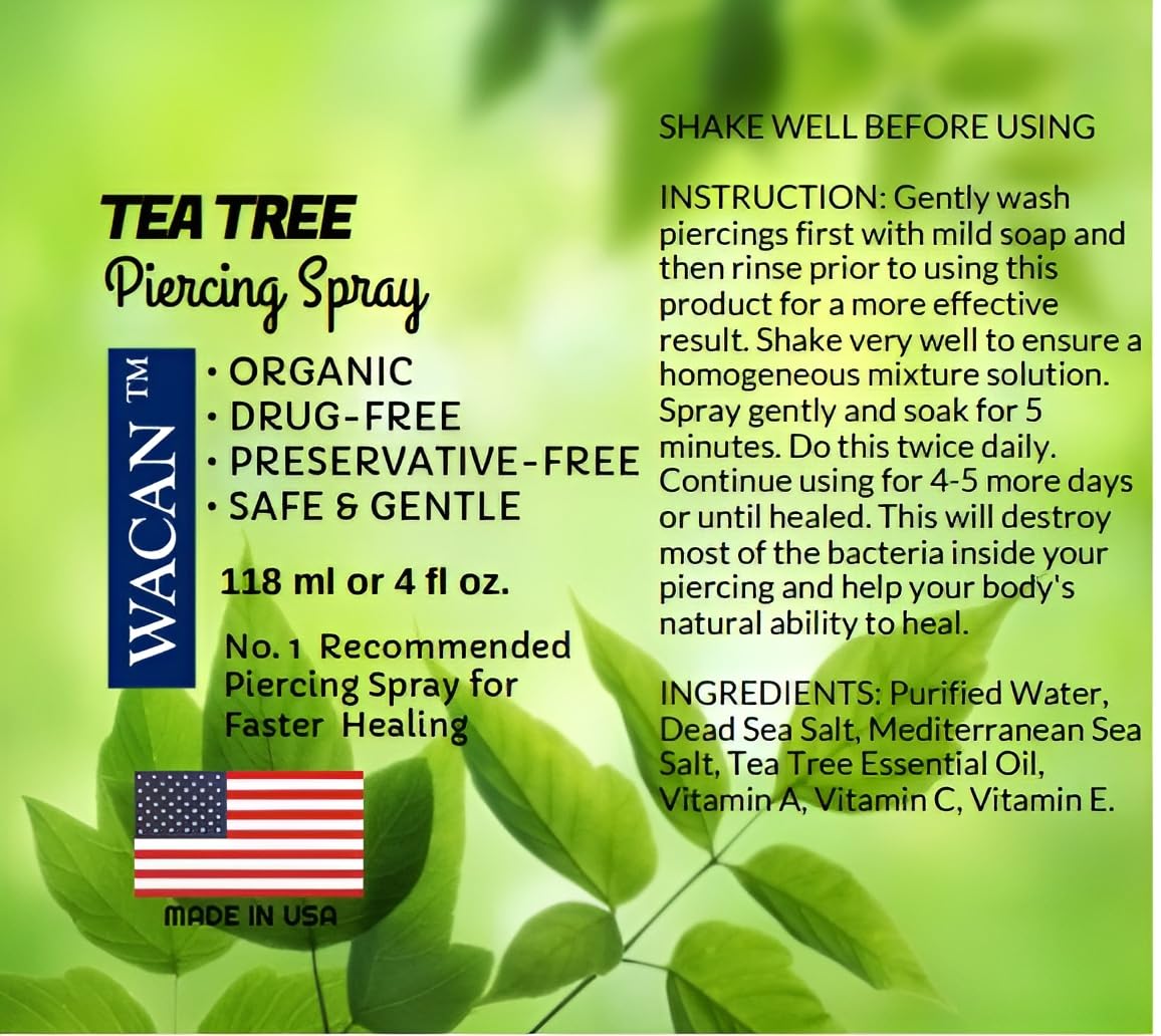 WACAN Fast-Healing Tea Tree Piercing Spray Solution Organic Essential Oil with Natural Sea Salts and Vitamins Solution Aftercare (4 OZ, Personal Size)