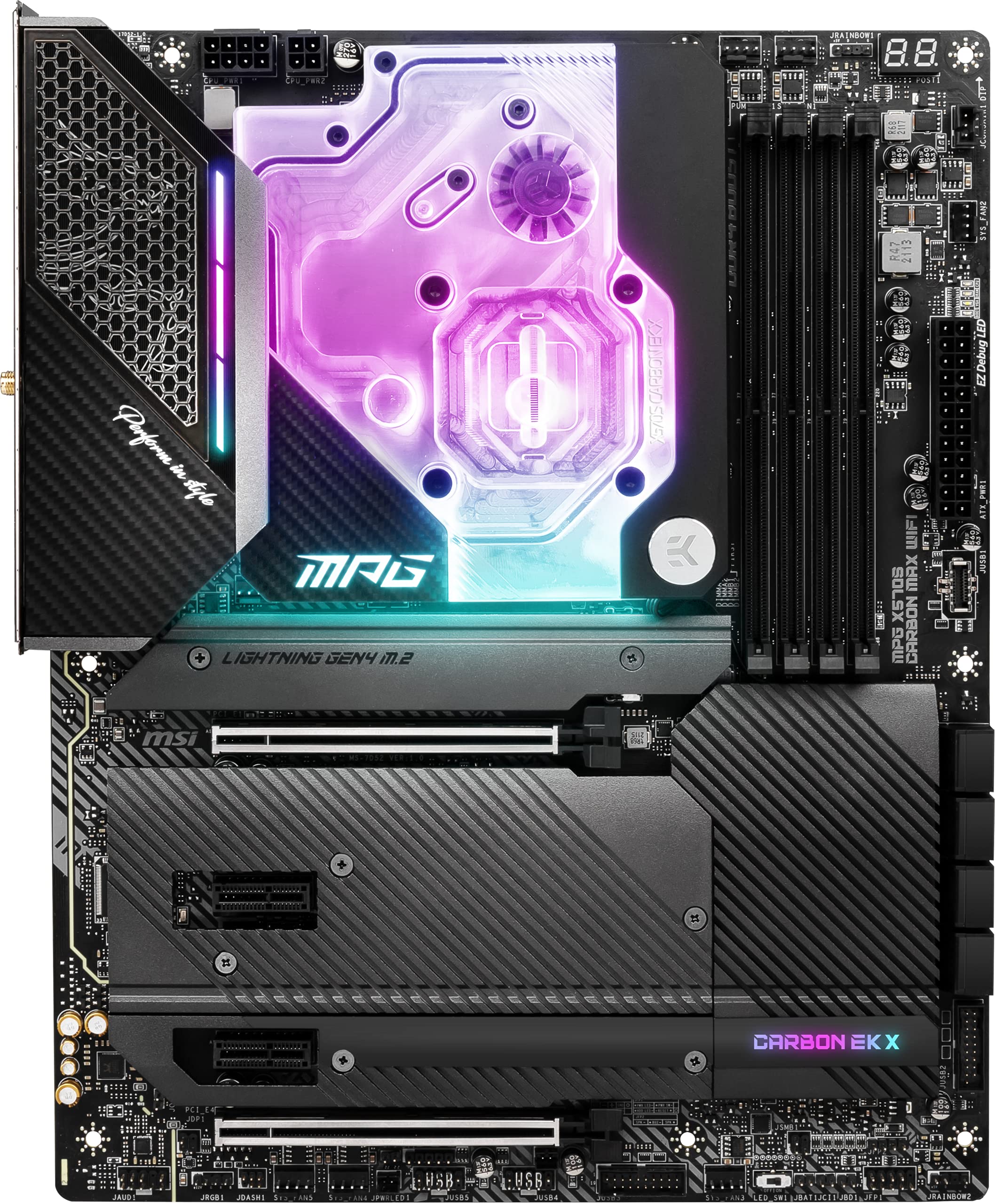 MSI MPG X570S CARBON EK X Gaming Motherboard (ATX, AMD, Socket AM4. DDR4, PCIe 4, CFX, M.2 Slots, Wi-Fi 6E)
