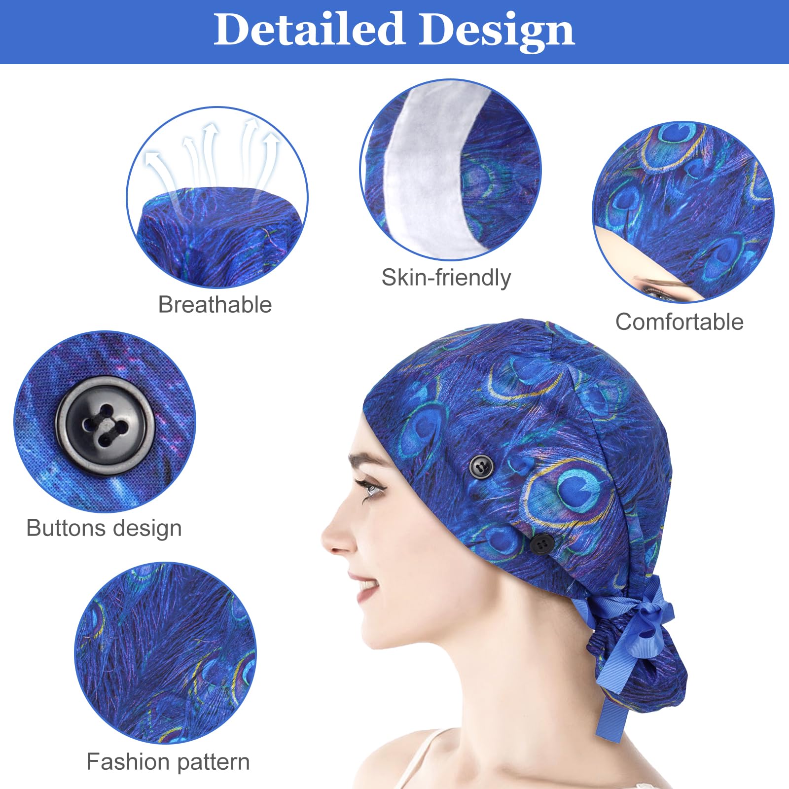 Fanadith Surgical Caps for Women, Scrub Caps Women Ponytail, 3 PCS Scrub Hats with Buttons Ribbon Tie, Adjustable Nurse Caps for Women