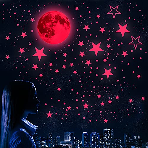 Glow in The Dark Stars for Ceiling Luminous Wall Decals Ceiling Stickers Glow In The Dark Ceiling Decorations Sky Shining Decals Glowing Ceiling Stickers for Kids Bedroom Kids Birthday Gift(Red stars)