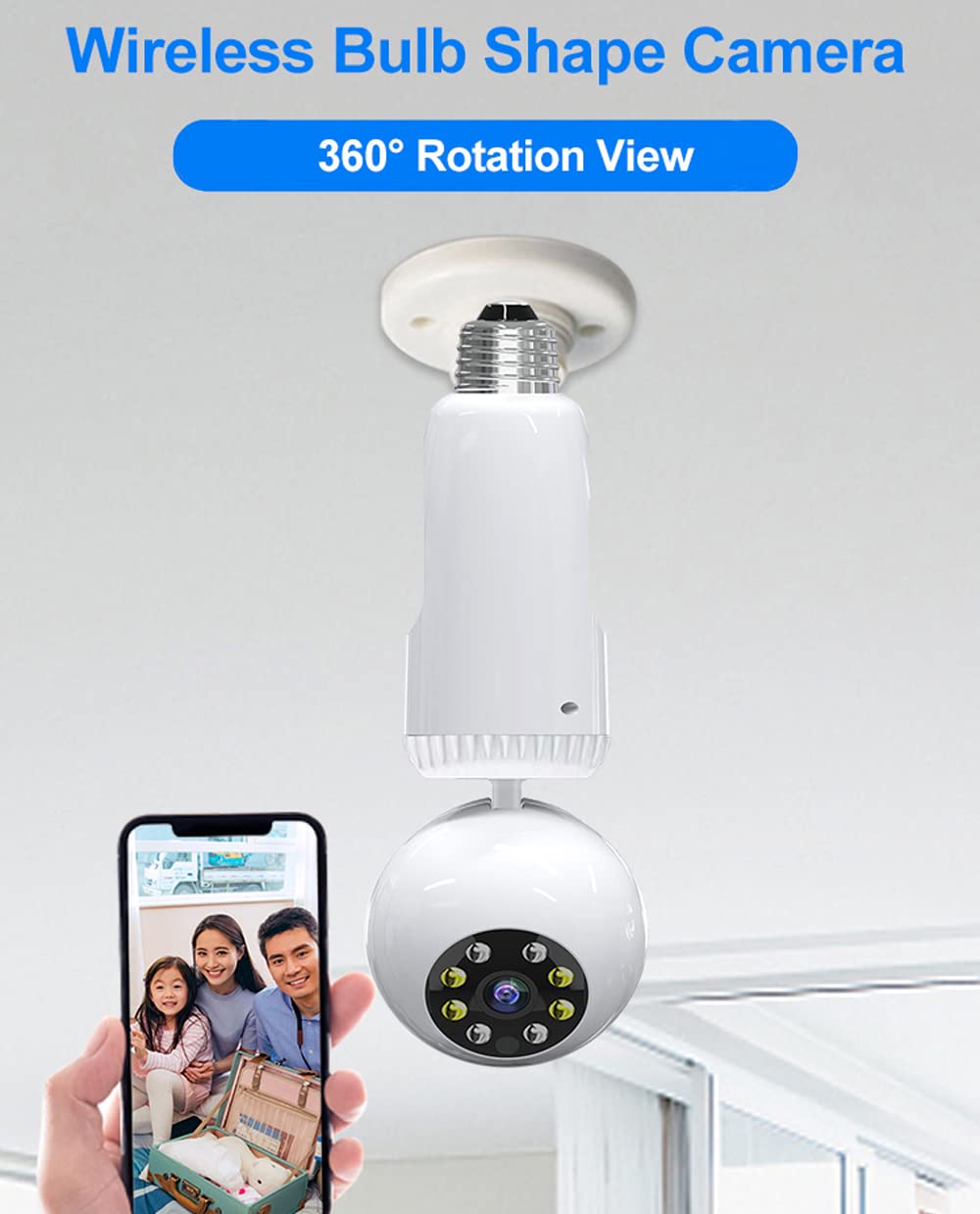 EVERSECU 2MP 1080P Wireless Lightbulb Powered PTZ Security Camera with E27 Bulb Connector, Motion Auto Tracking, Two Way Audio, Night Vision, 2.4ghz WiFi IP PTZ CCTV Camera