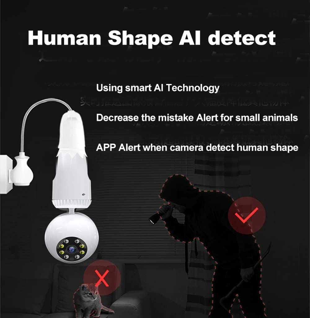 EVERSECU 2MP 1080P Wireless Lightbulb Powered PTZ Security Camera with E27 Bulb Connector, Motion Auto Tracking, Two Way Audio, Night Vision, 2.4ghz WiFi IP PTZ CCTV Camera