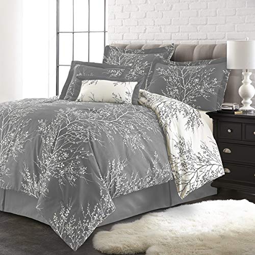 SL SPIRIT LINEN HOME EST. 1988 - King Comforter Set, Oversized Reversible Bedding, Elegant Foilage Design, All Season Home Decor, King, Grey/Ivory