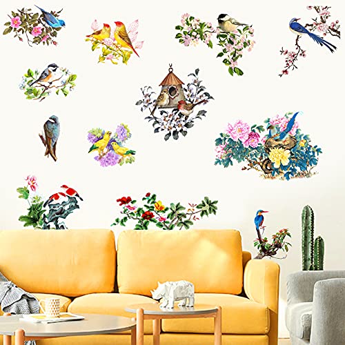 Birds on Tree Branches Wall Decals,Cardinal Birds Flowers Wall Stickers Spring Summer Robinbird Decor for Home Kitchen Office Kids DIY Supply