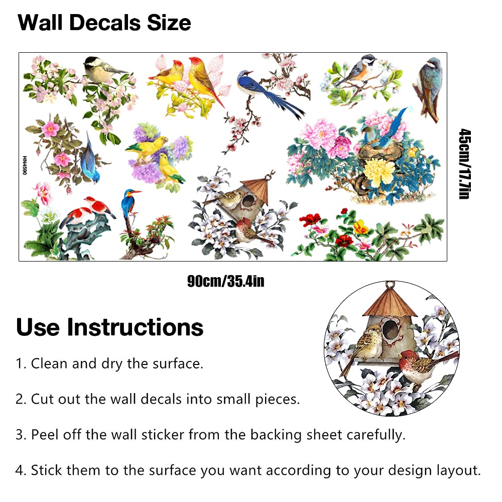 Birds on Tree Branches Wall Decals,Cardinal Birds Flowers Wall Stickers Spring Summer Robinbird Decor for Home Kitchen Office Kids DIY Supply