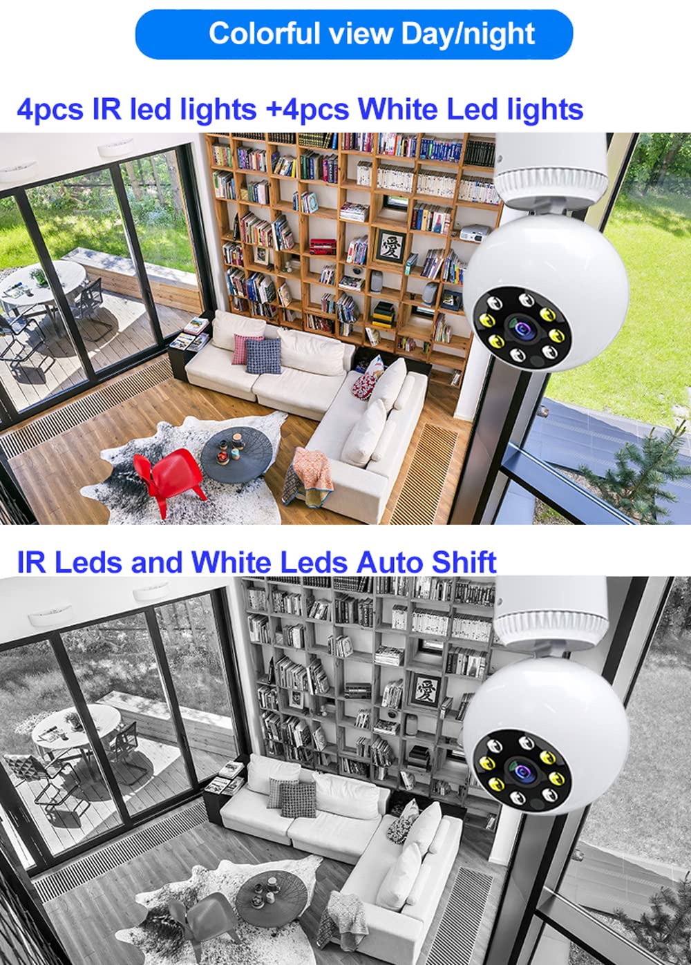 EVERSECU 2MP 1080P Wireless Lightbulb Powered PTZ Security Camera with E27 Bulb Connector, Motion Auto Tracking, Two Way Audio, Night Vision, 2.4ghz WiFi IP PTZ CCTV Camera