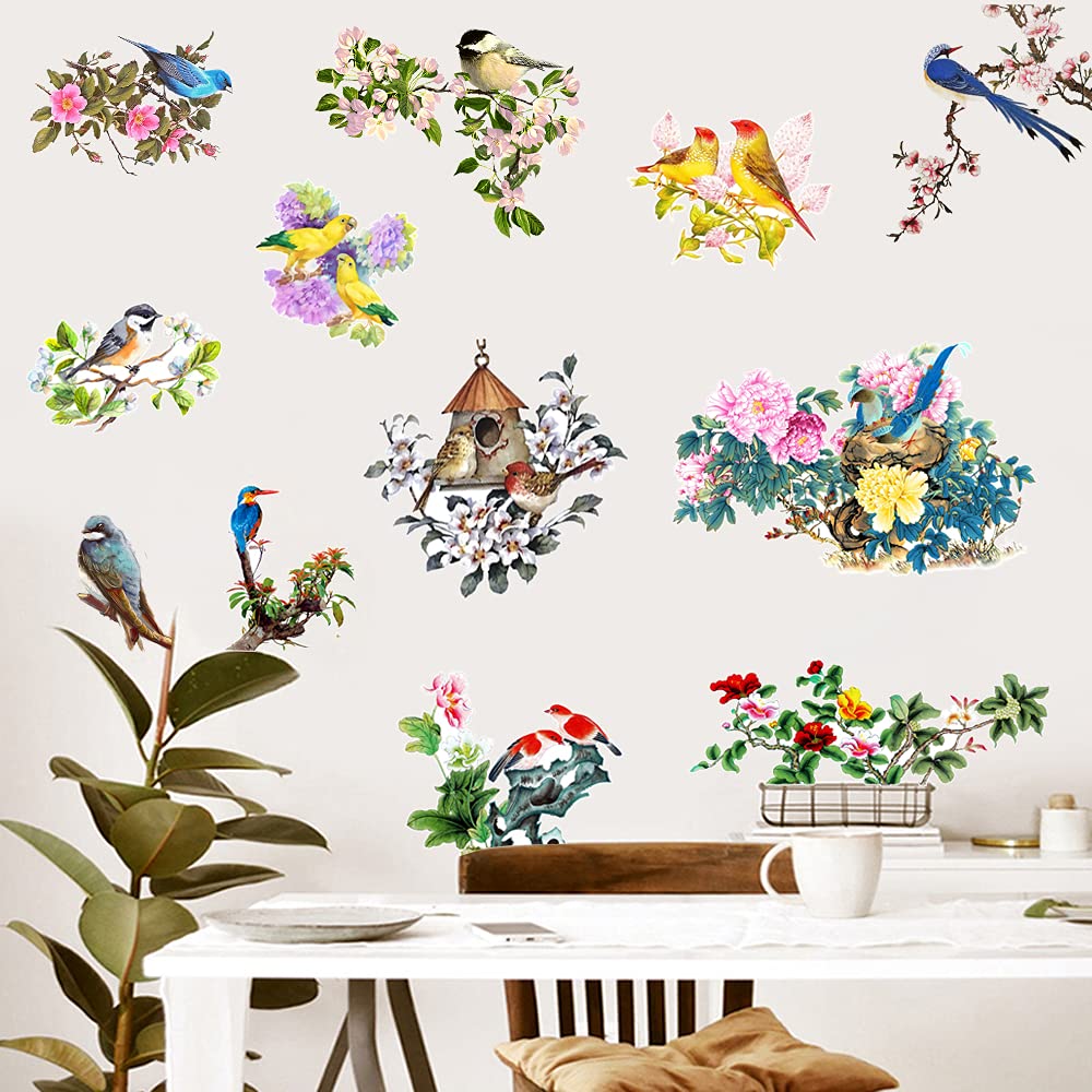 Birds on Tree Branches Wall Decals,Cardinal Birds Flowers Wall Stickers Spring Summer Robinbird Decor for Home Kitchen Office Kids DIY Supply