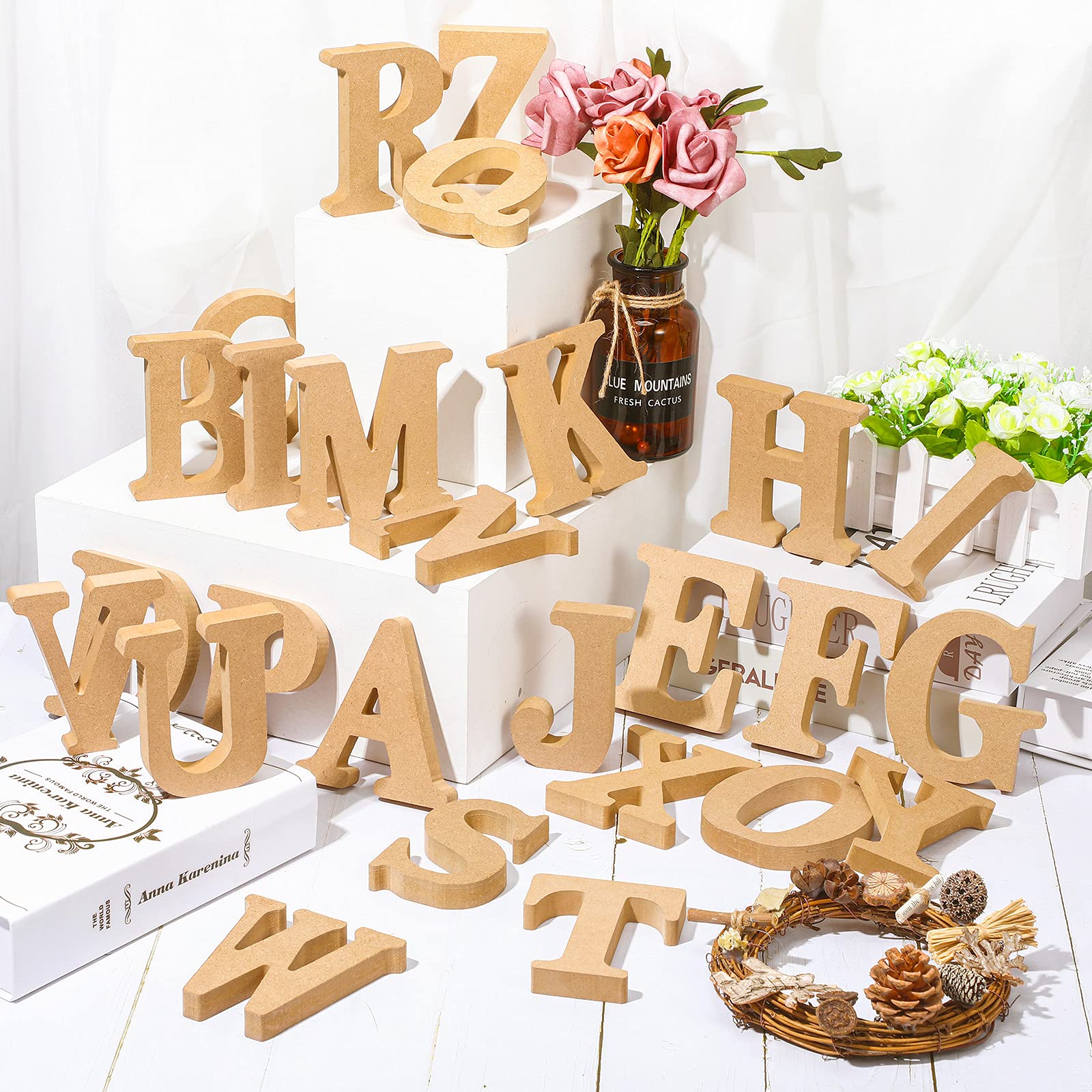 4 Inch DIY Wooden Letters for Crafts Easter Alphabet Letters for Table Decoration Paintable Decorative Letters Standing Letters Slices Sign Board Decoration for Craft Home Party Projects (E Style)