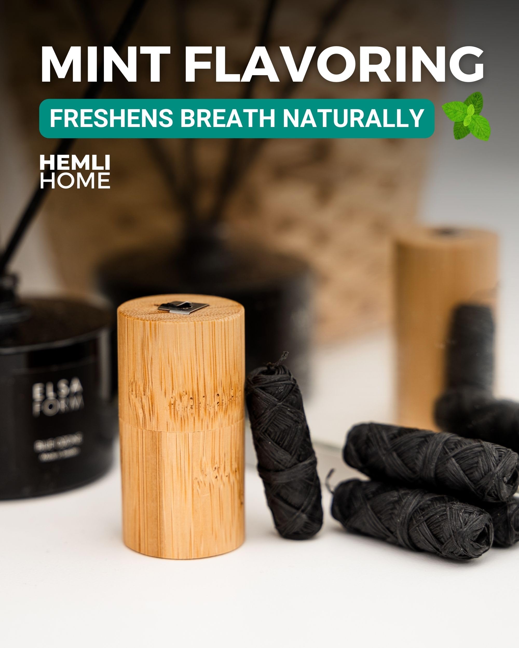Vegan Bamboo Charcoal Dental Floss - 5-Pack - Refillable Bamboo Container - 5 x 33 Yards - Eco-Friendly Floss - Candelilla Wax Floss with Natural Mint Flavoring