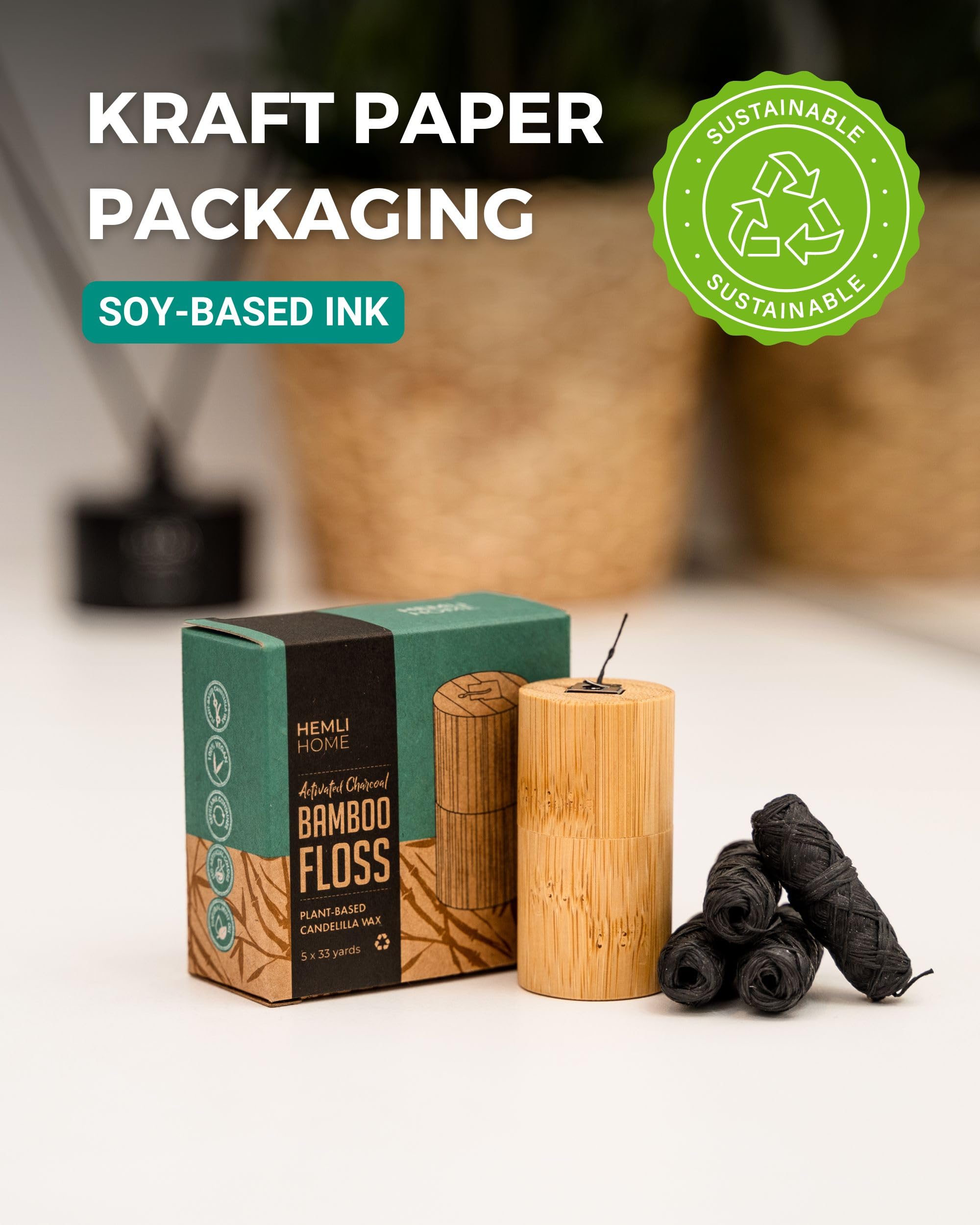 Vegan Bamboo Charcoal Dental Floss - 5-Pack - Refillable Bamboo Container - 5 x 33 Yards - Eco-Friendly Floss - Candelilla Wax Floss with Natural Mint Flavoring